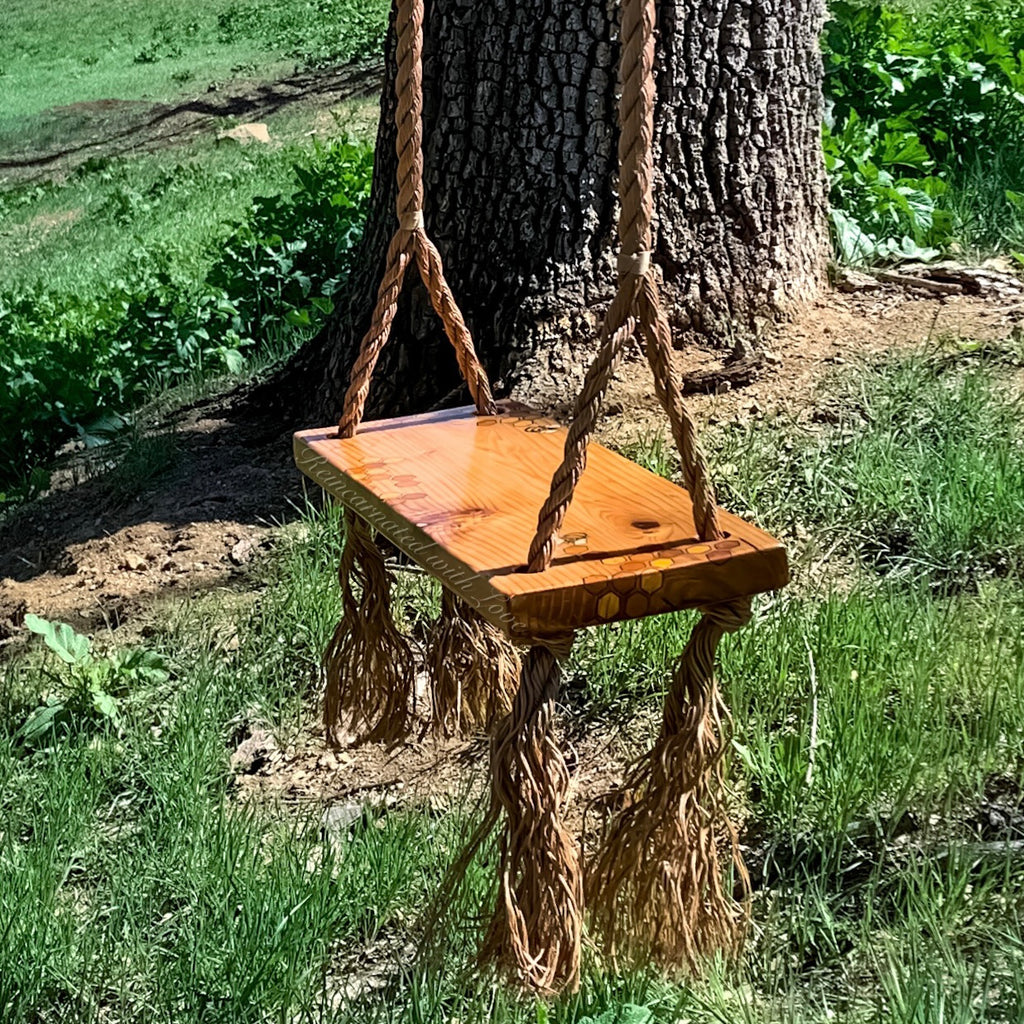 Old-Fashioned Tree Swing ~ with burnt wood honeycomb & tiny bee accents ...