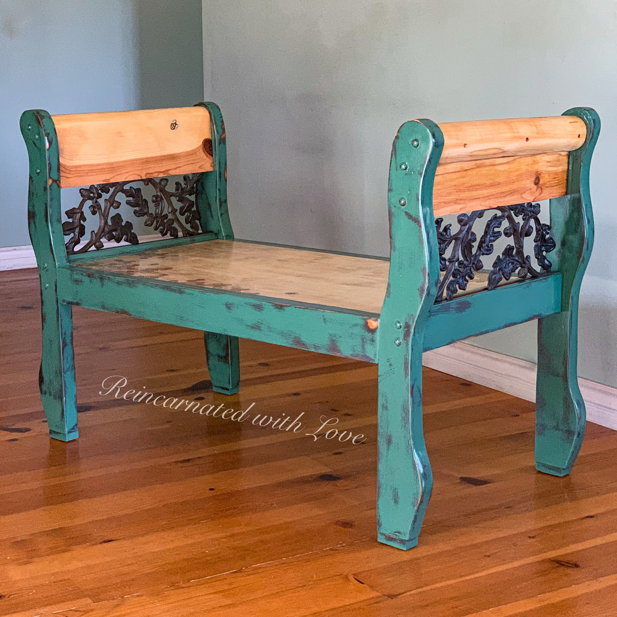 Iron & Wood Bedroom Bench ~ with iridescent honeycomb & tiny bee accen ...