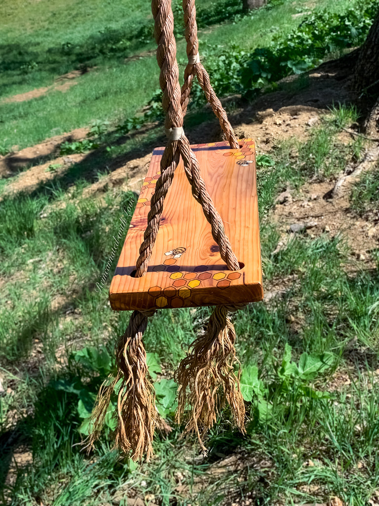 Old-Fashioned Tree Swing ~ with burnt wood honeycomb & tiny bee accents ...